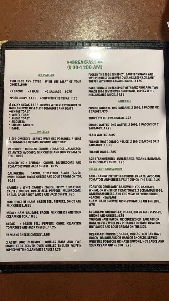 Menu at Green Valley Cafe, Sanger