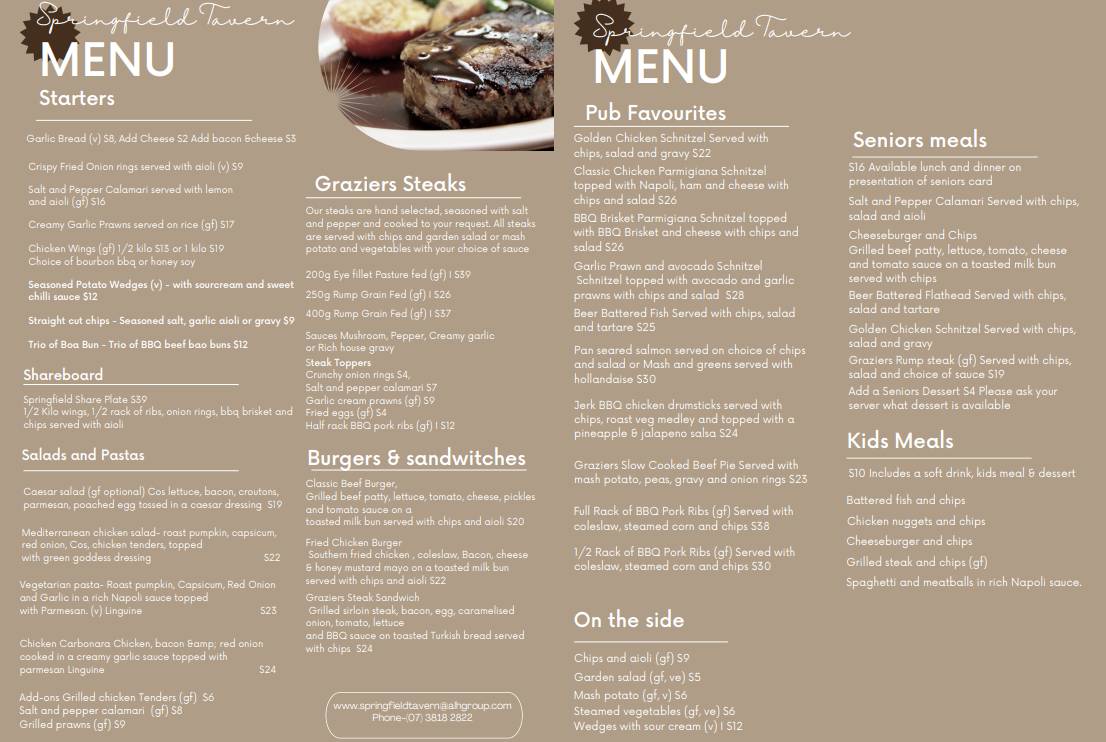 Menu at Springfield Tavern pub & bar, Springfield, Springfield Pkwy