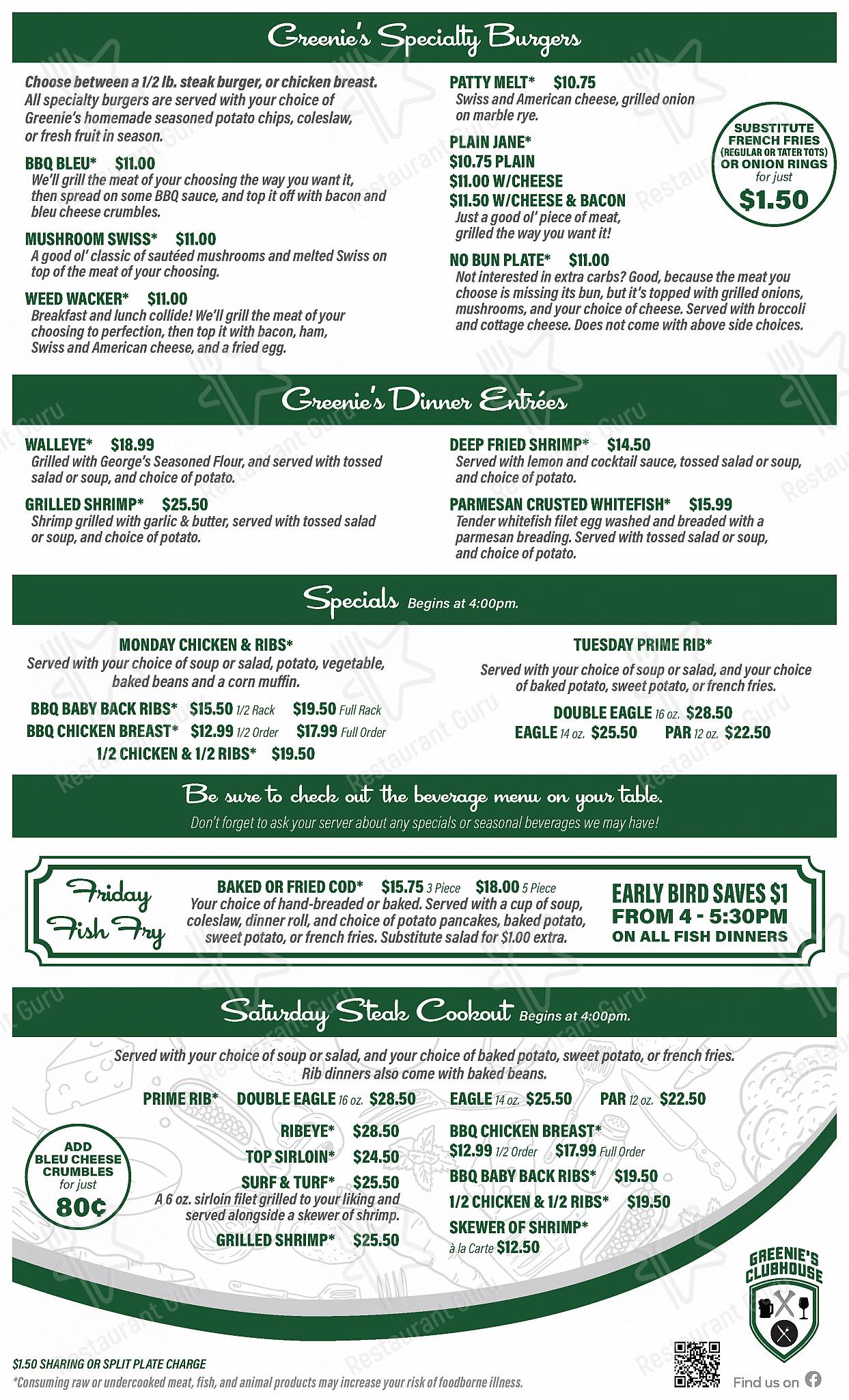 Menu at Greenie's Clubhouse at Delbrook, Delavan