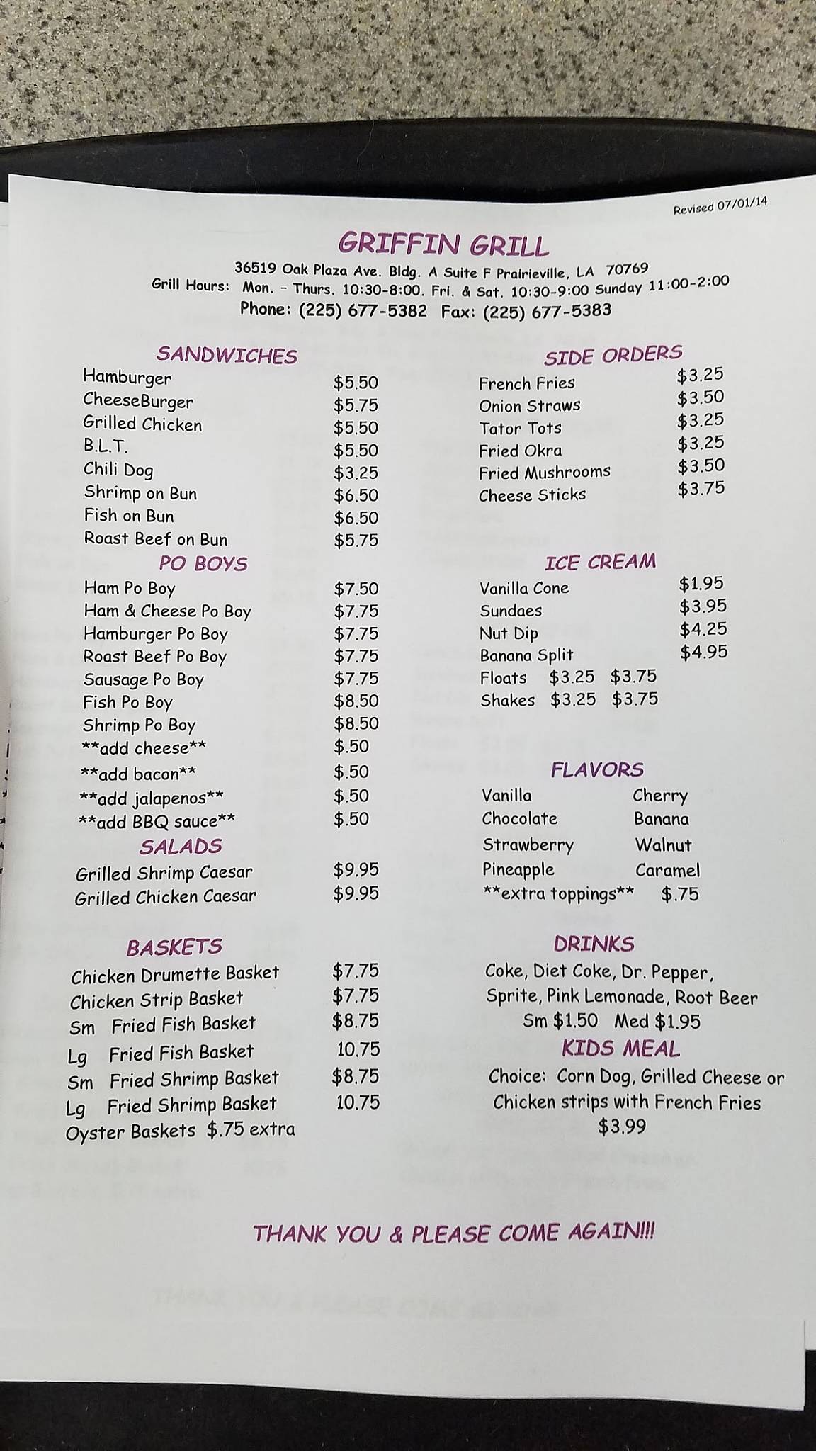 Menu at Griffin Grill restaurant, Prairieville, Oak Plaza Ave Suite F