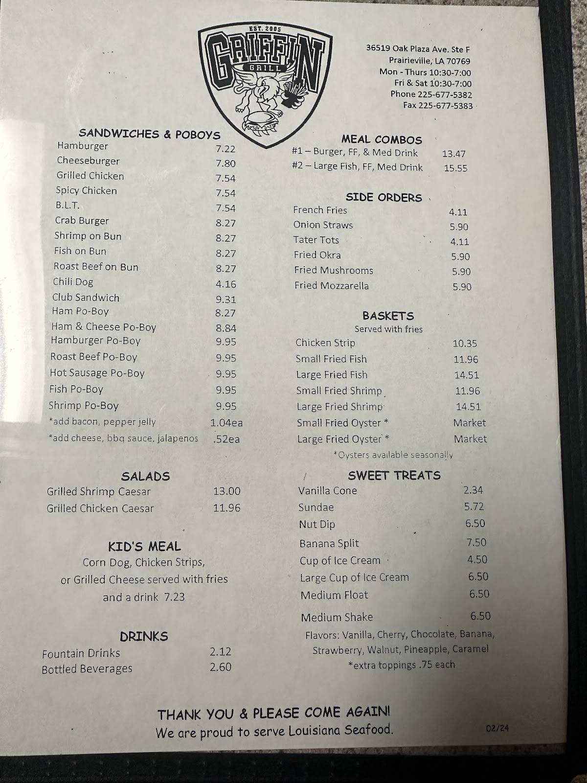 Menu at Griffin Grill restaurant, Prairieville, Oak Plaza Ave Suite F