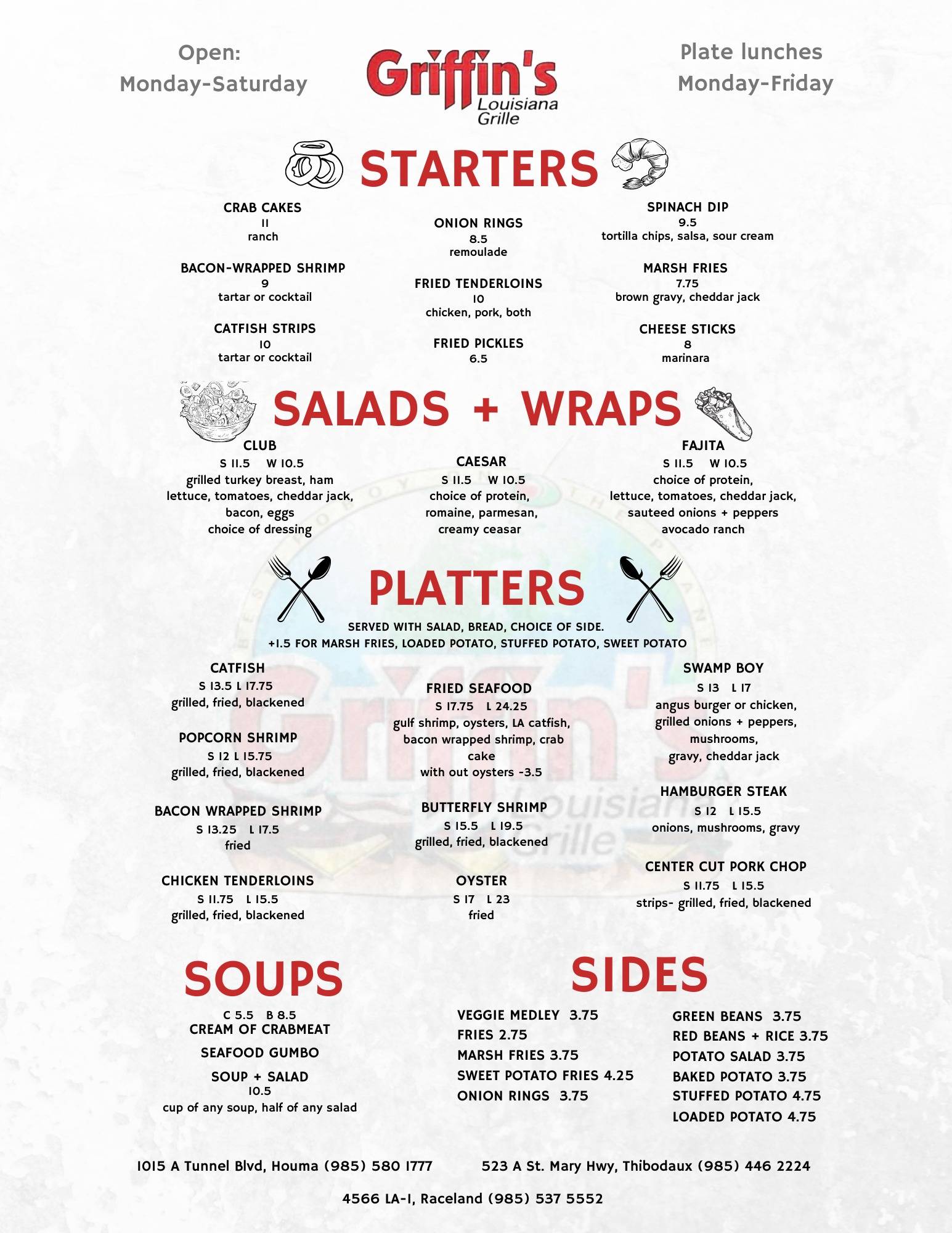 Menu at Griffin's Louisiana Grille restaurant, Thibodaux