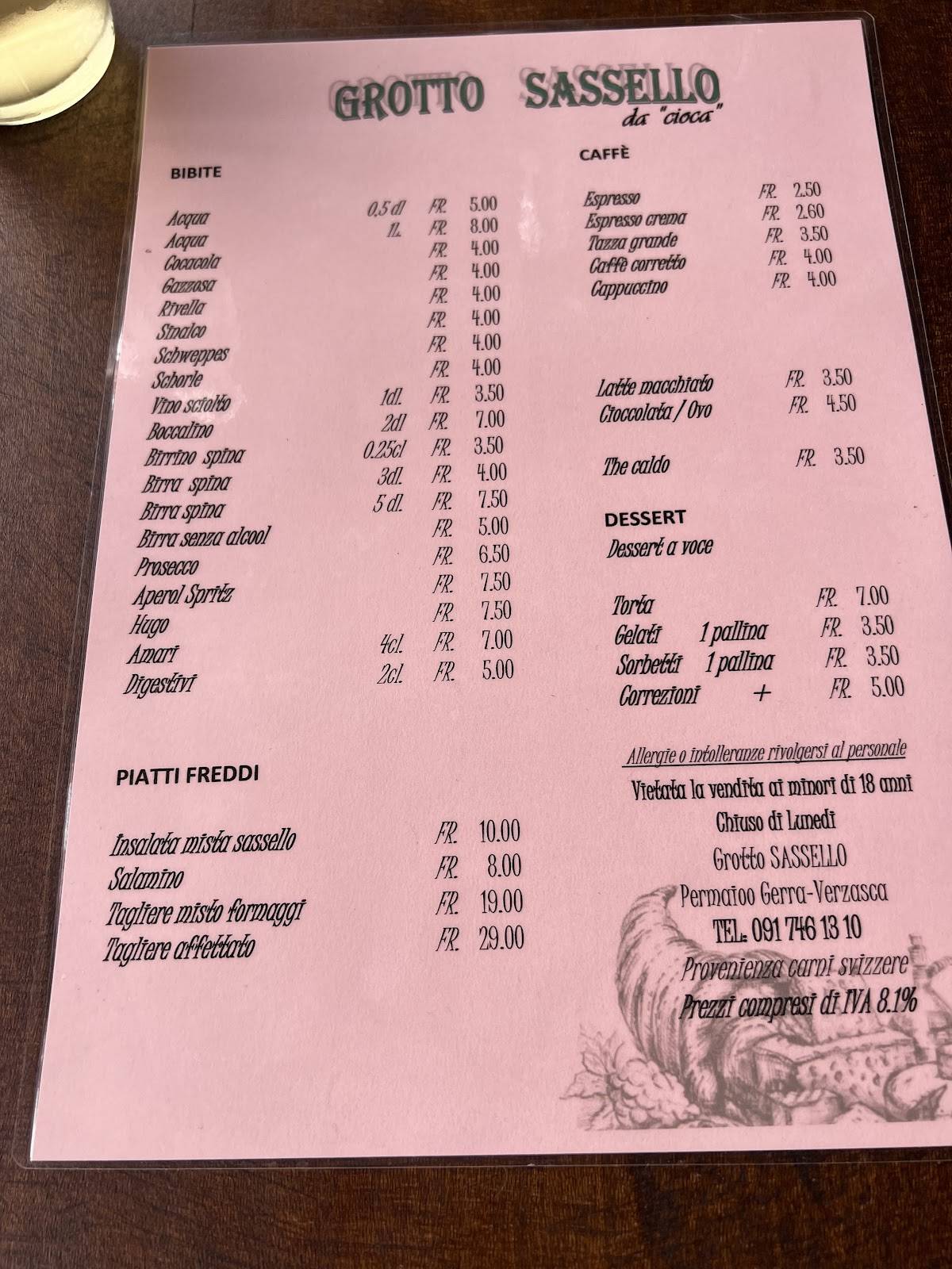 Menu at Grotto Sassello, Gerra (Verzasca), Prato Maggiora 3