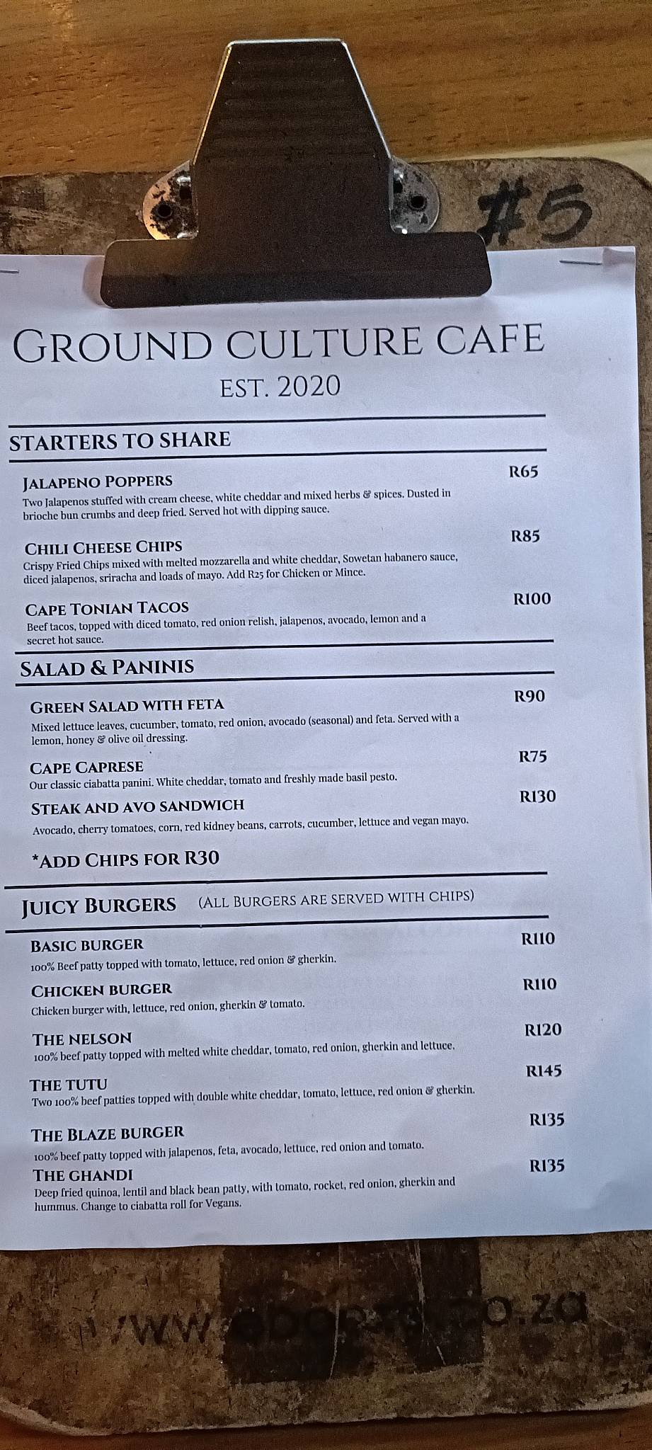 Menu at Ground Culture Cafe, Cape Town