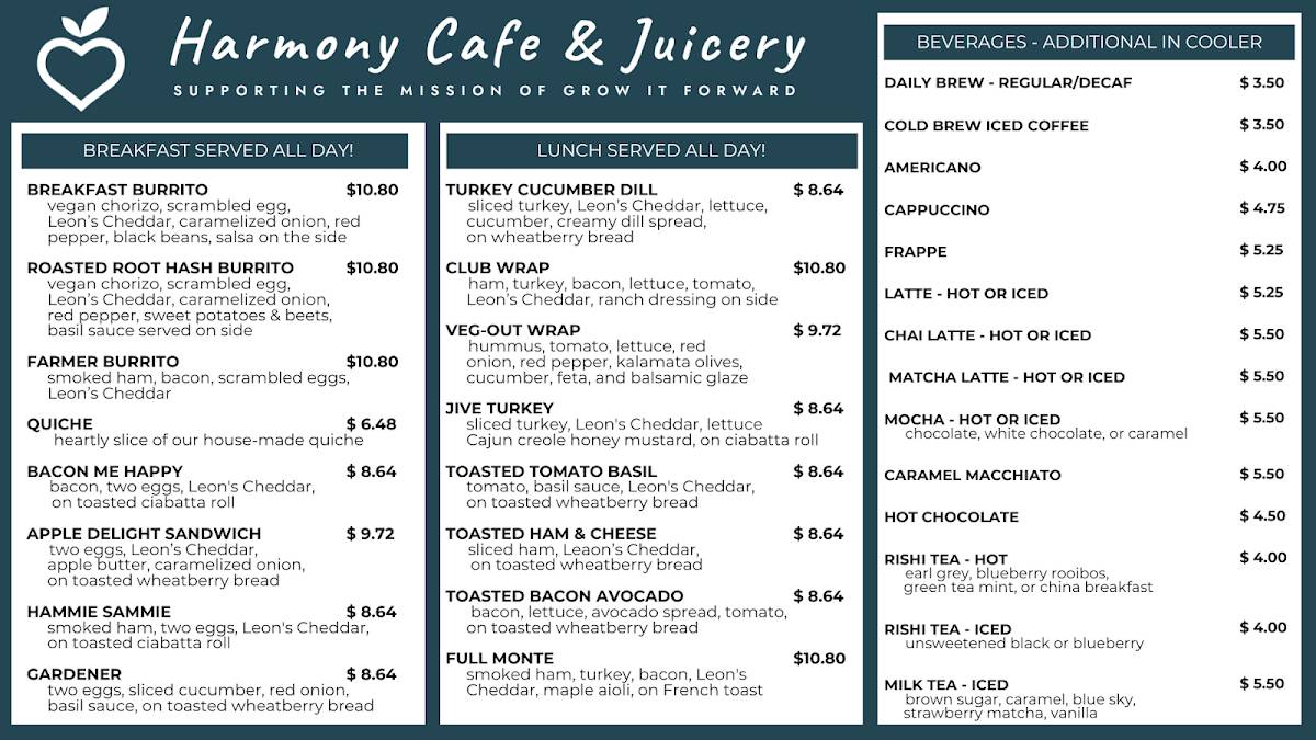 Menu at Grow It Forward - Harmony Cafe & Juicery, Manitowoc