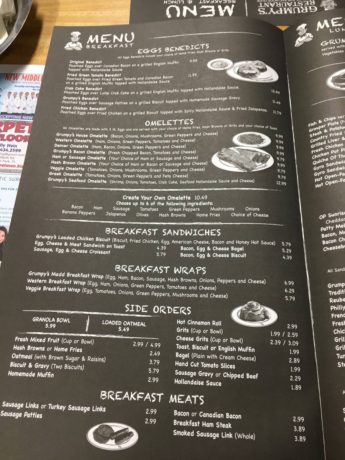 Menu at Grumpy's Restaurant, Orange Park