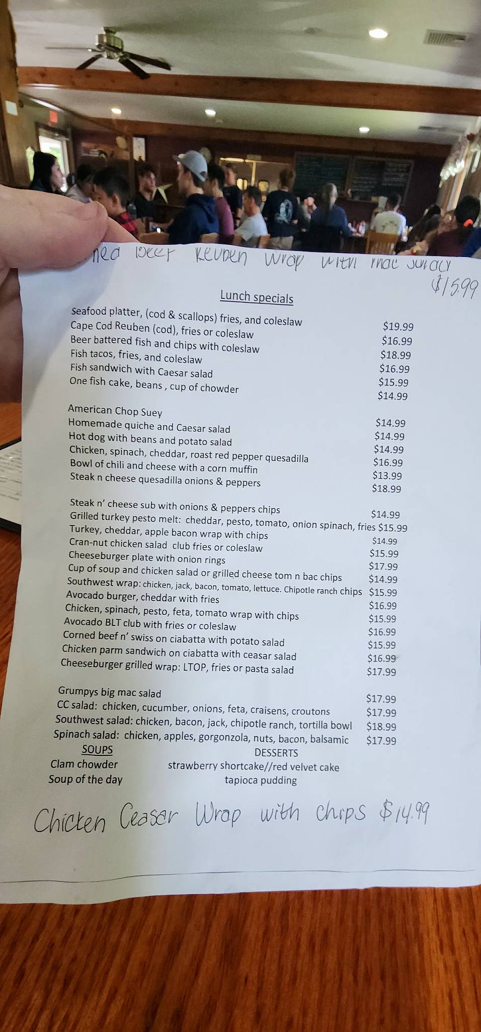 Menu at Grumpy's restaurant, Dennis, Main St