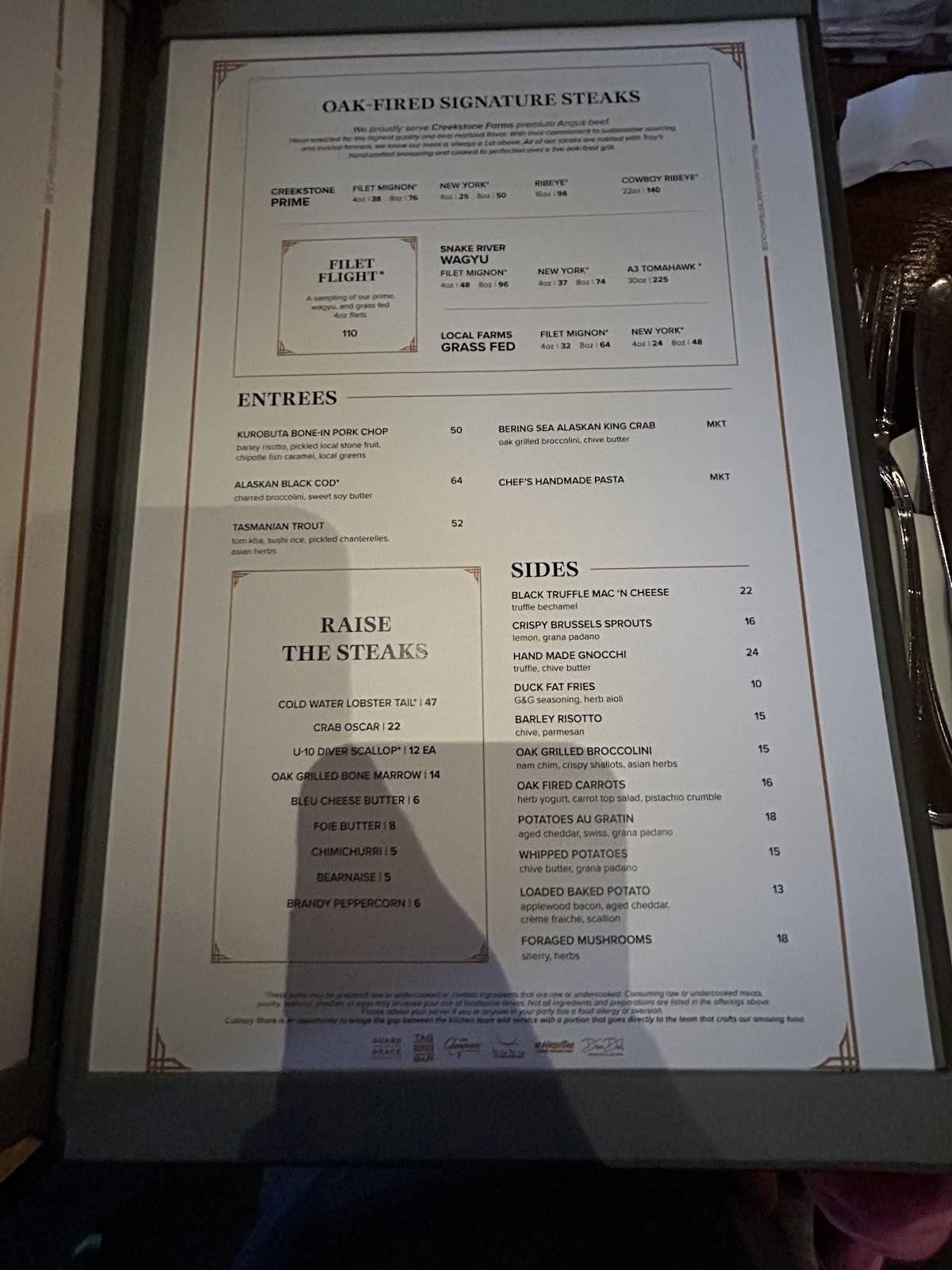 Menu at Guard and Grace steakhouse, Denver, California St