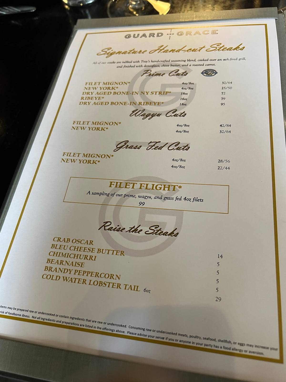 Menu at Guard and Grace steakhouse, Denver