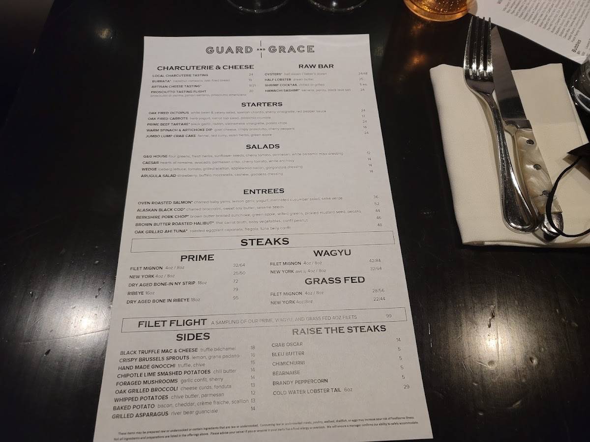 Menu at Guard and Grace steakhouse, Denver