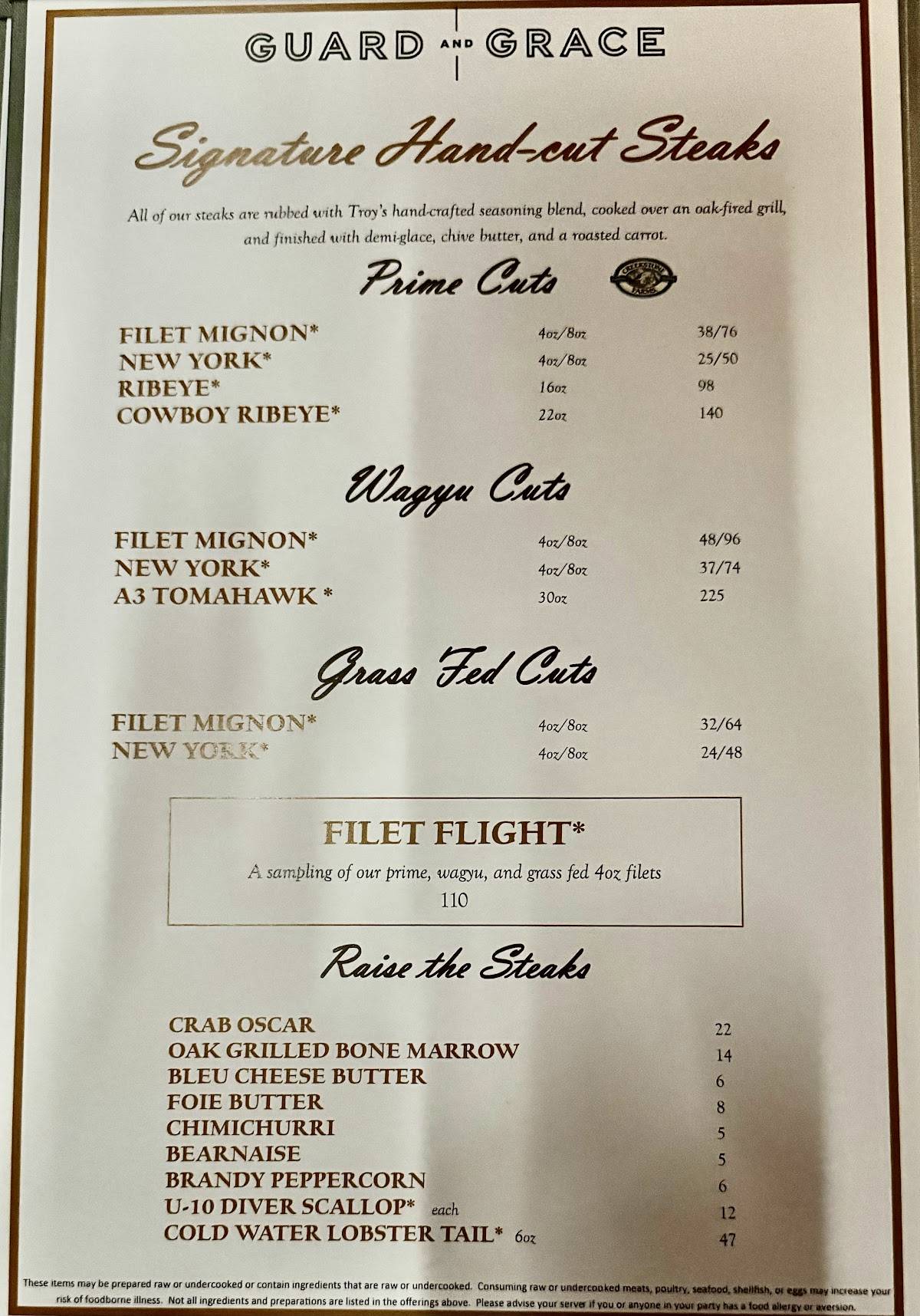 Menu at Guard and Grace steakhouse, Denver