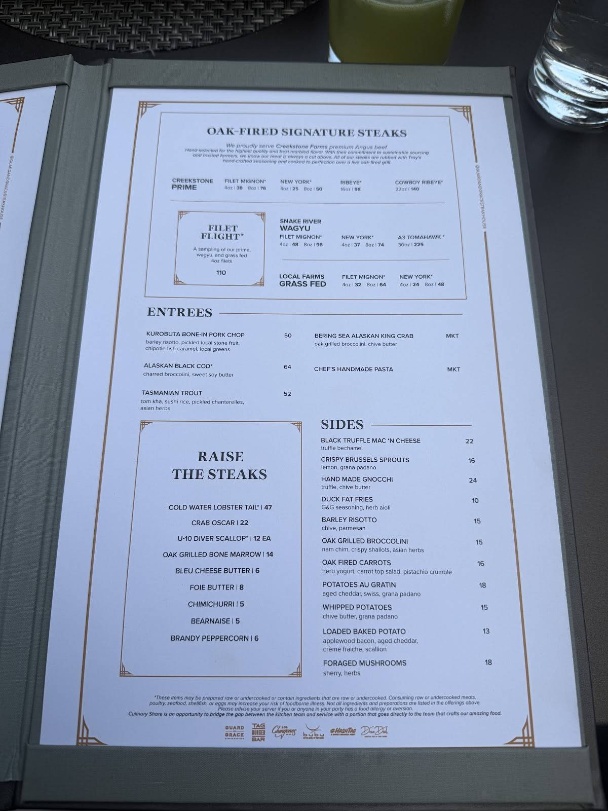 Menu at Guard and Grace steakhouse, Denver, California St