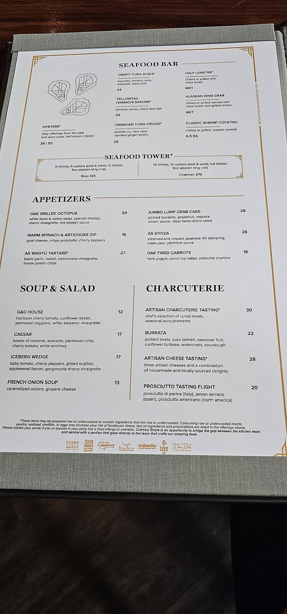 Menu at Guard and Grace steakhouse, Denver