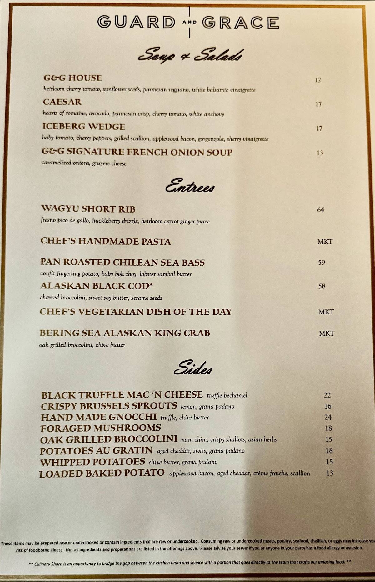 Menu at Guard and Grace steakhouse, Denver