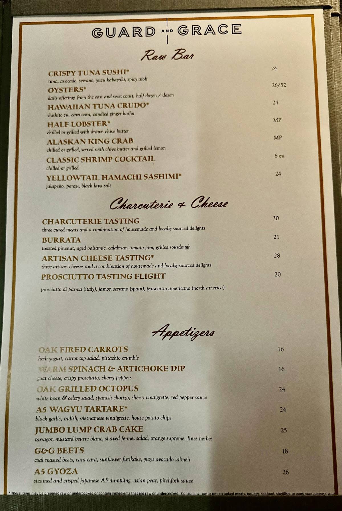 Menu at Guard and Grace steakhouse, Denver
