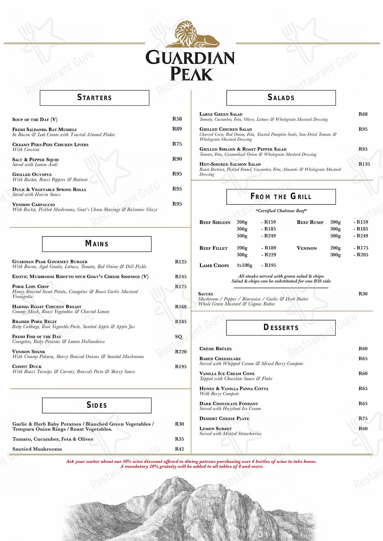 Menu at Guardian Peak Winery & Grill restaurant, Stellenbosch