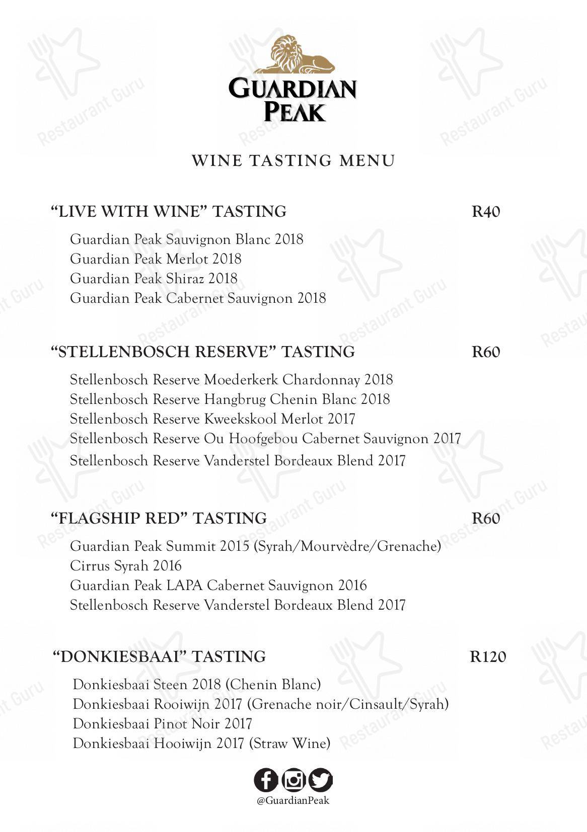 Menu at Guardian Peak Winery & Grill restaurant, Stellenbosch