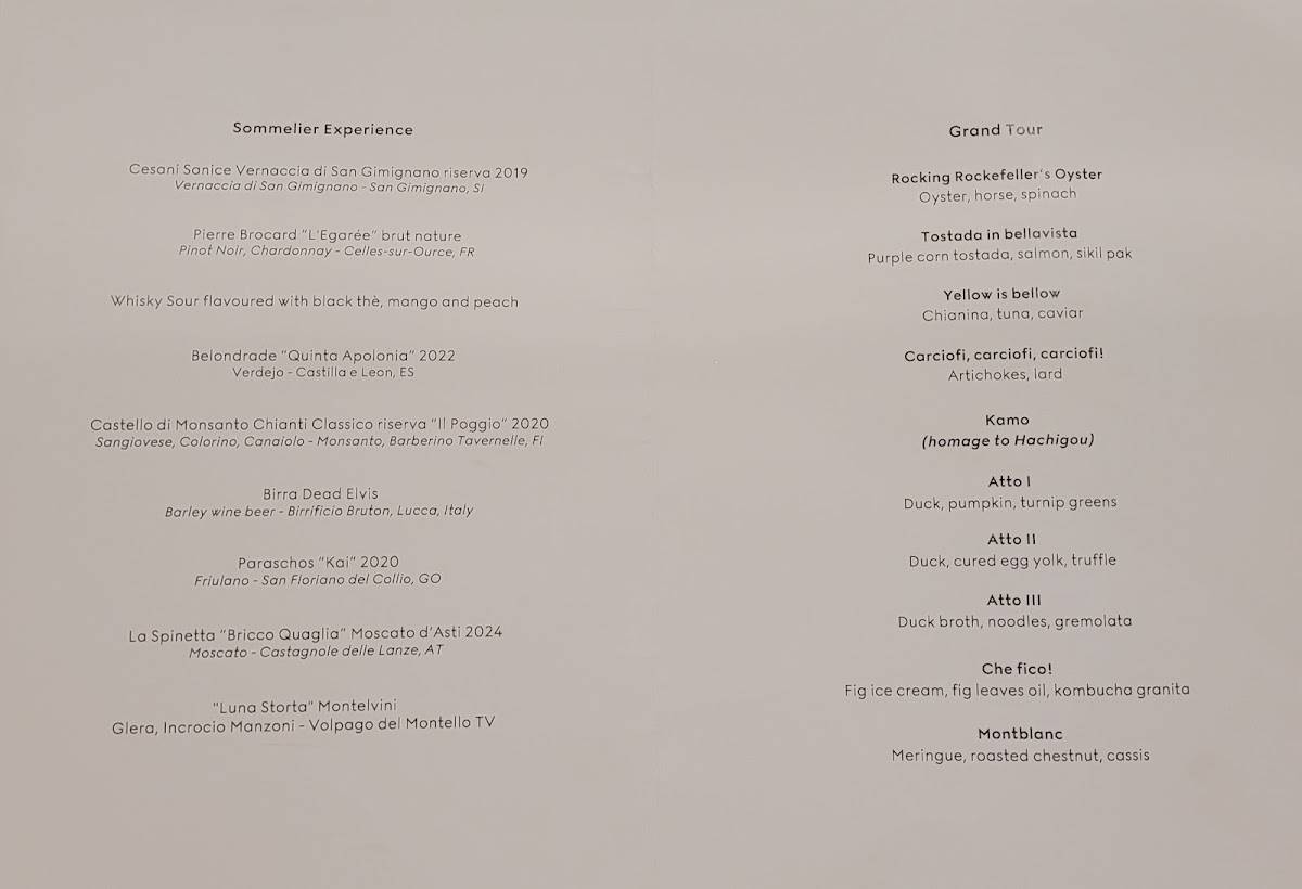 Menu at Gucci Osteria da Massimo Bottura restaurant, Florence