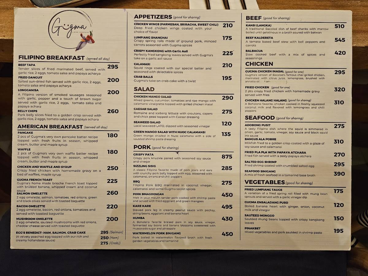 Menu at Gugma love, Chef Kai restaurant, Panglao