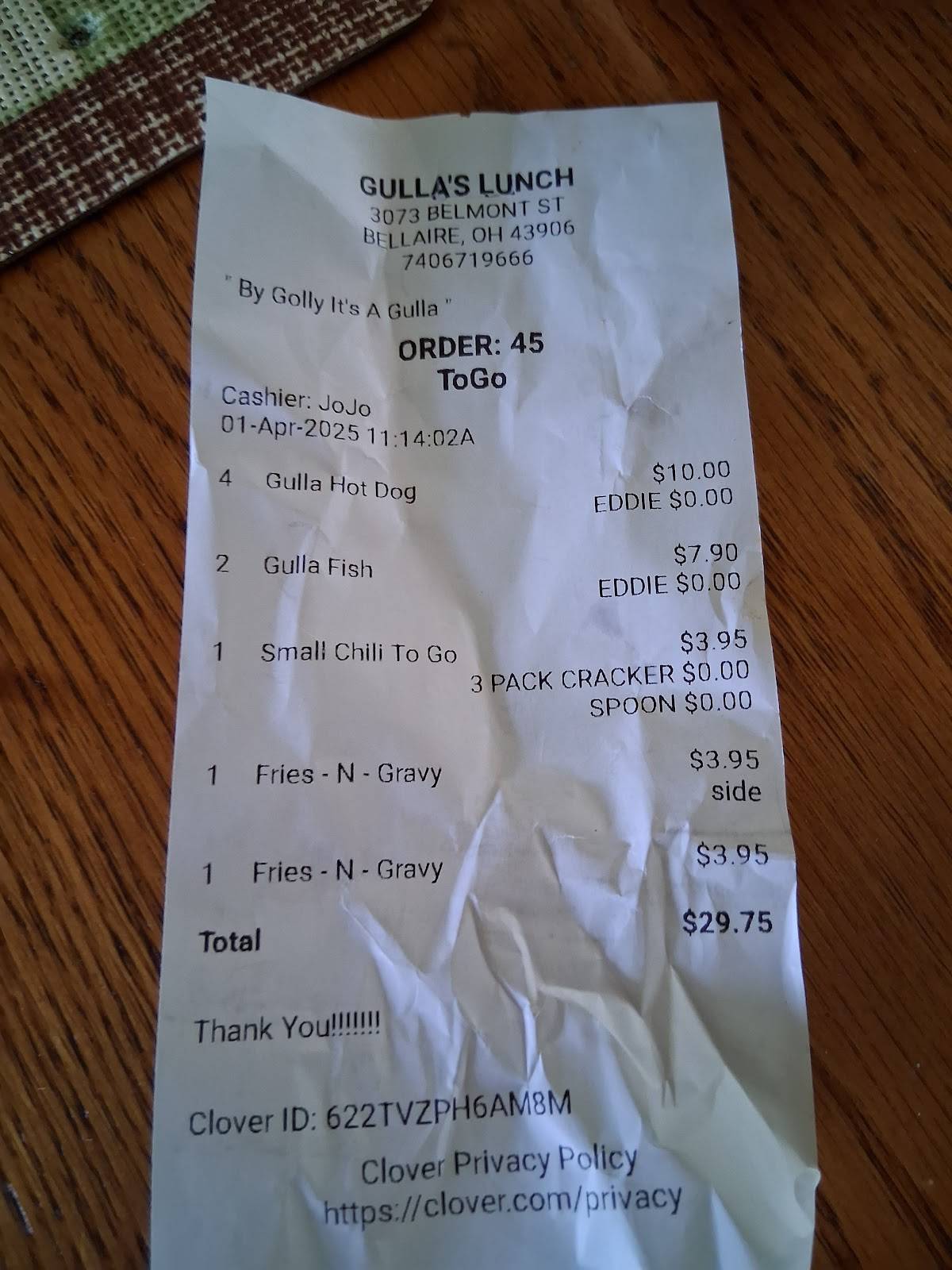 Menu at Gulla's Lunch restaurant, Bellaire
