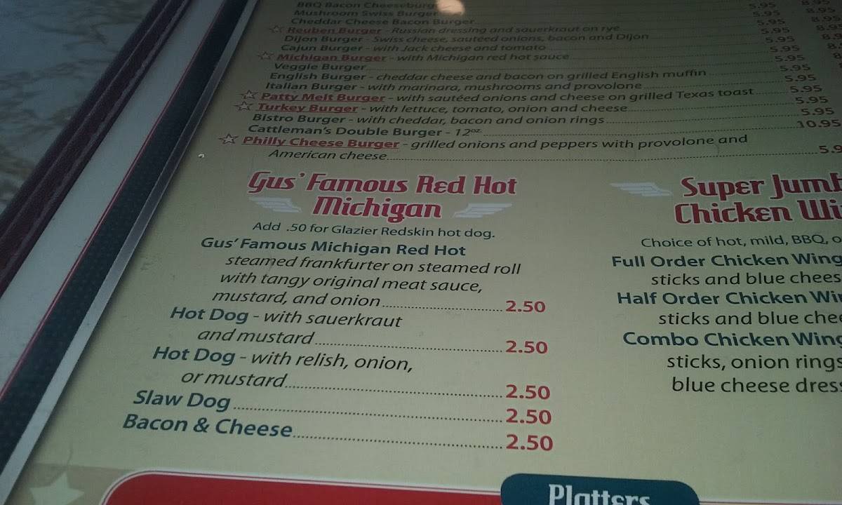 Menu at Gus' Red Hots restaurant, Plattsburgh
