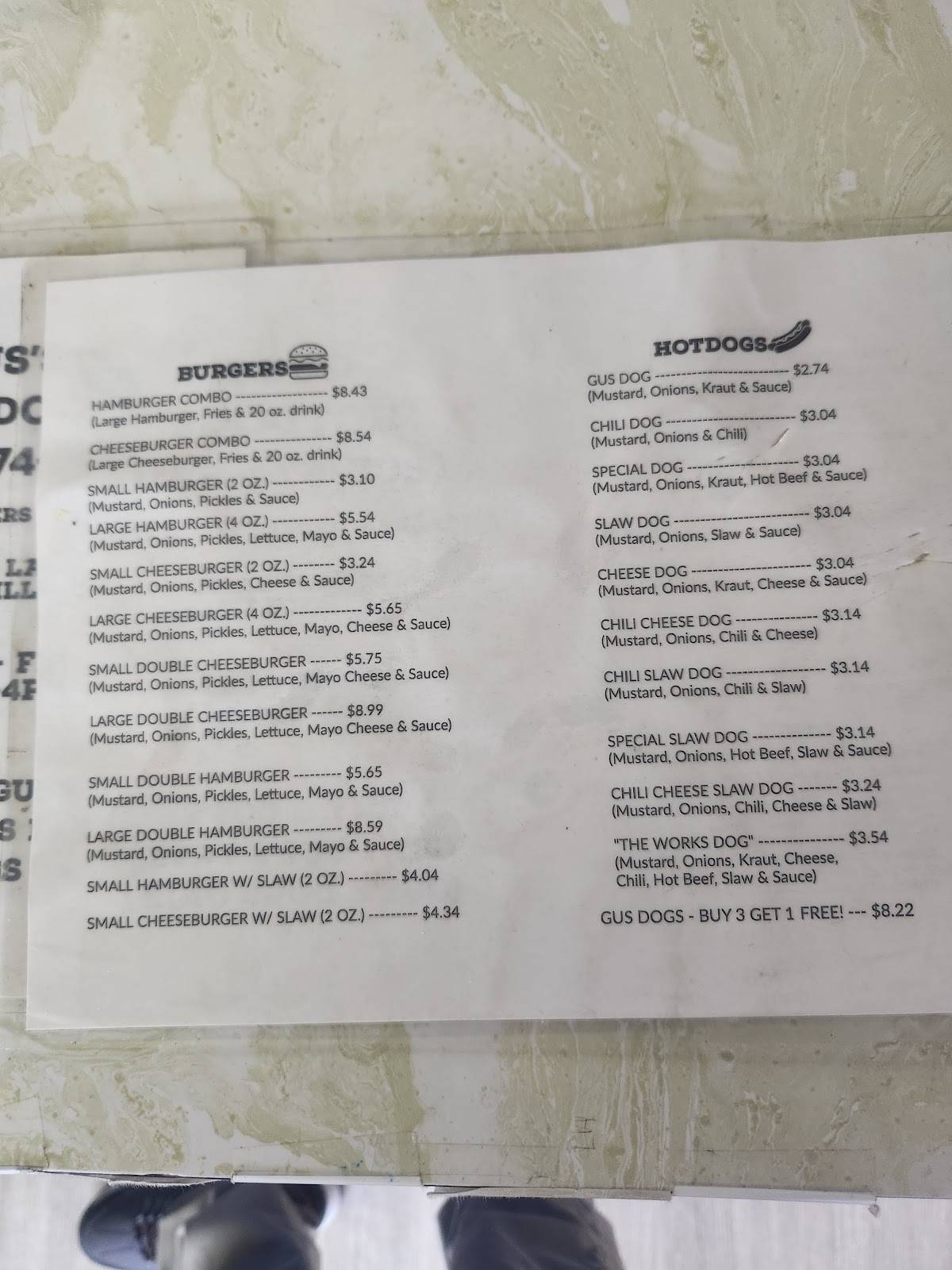 Menu at Gus's Hot Dogs restaurant, Adamsville, 14 Rex Ln i