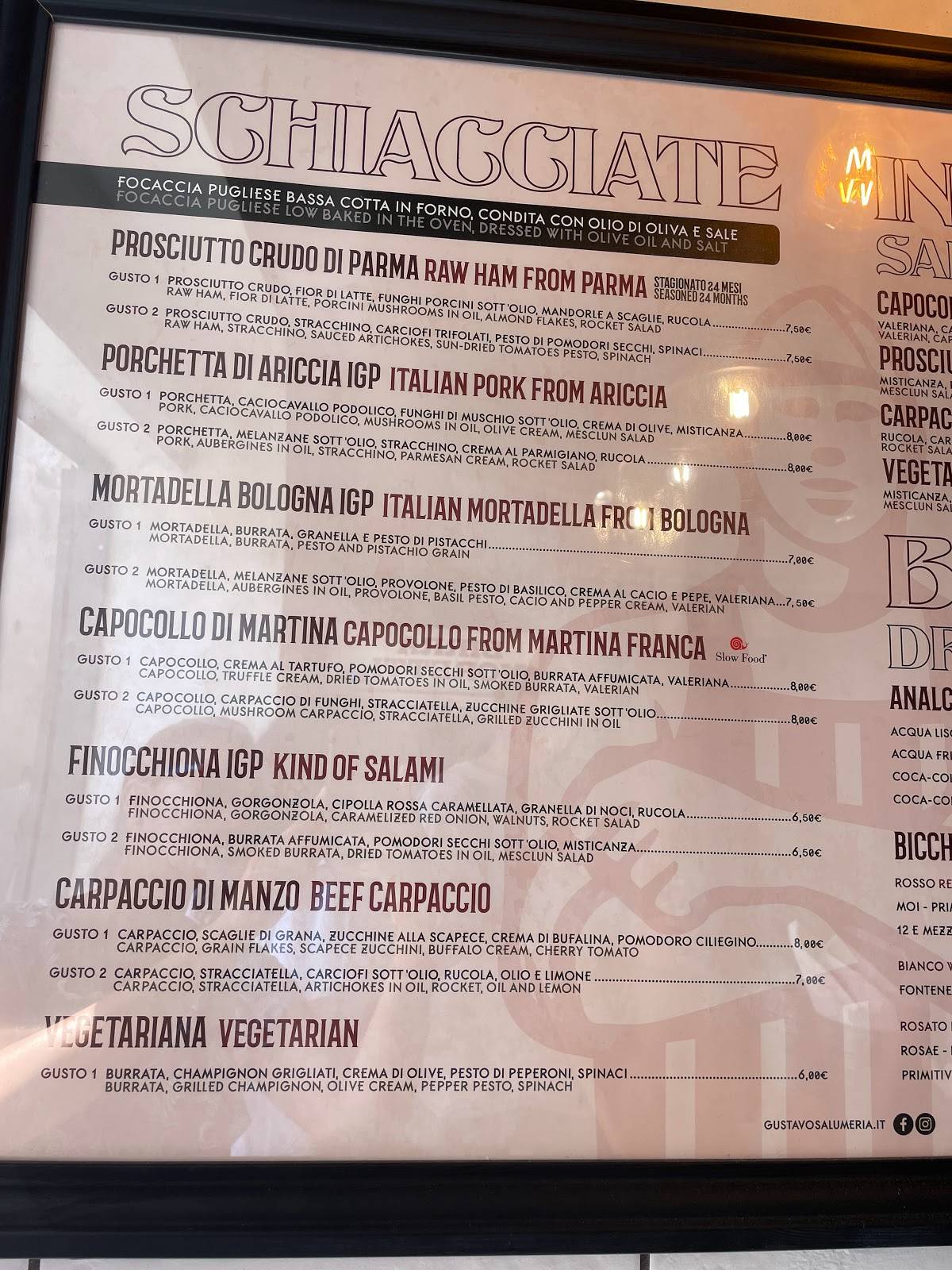 Menu at Gustavo restaurant, Monopoli