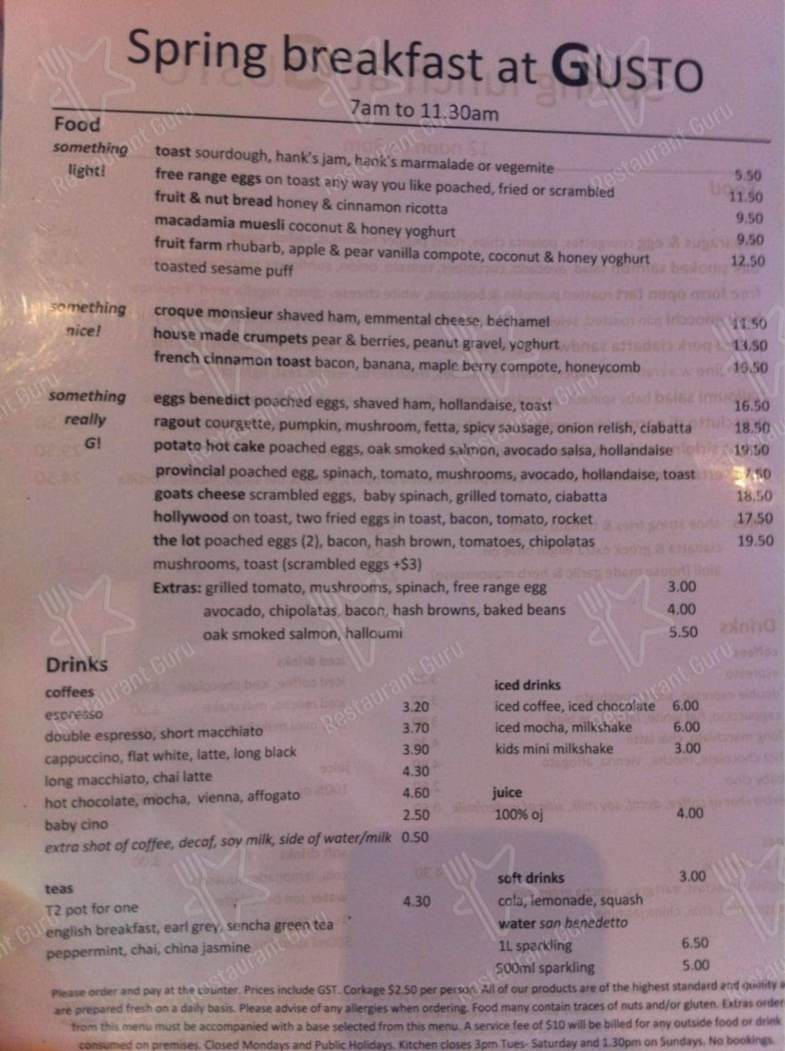 Menu at Gusto Food restaurant, South Perth