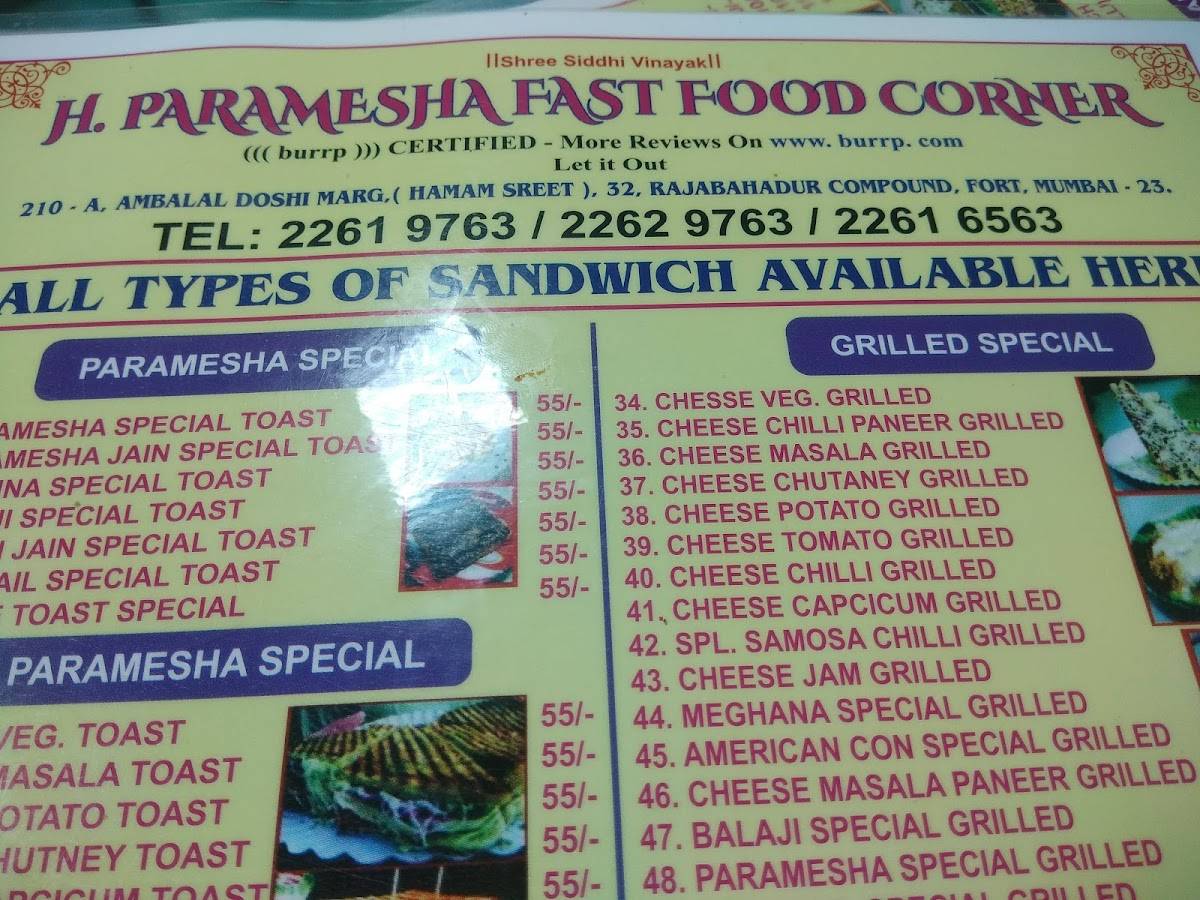 Menu at H Parmesha Sandwich Corner, Mumbai