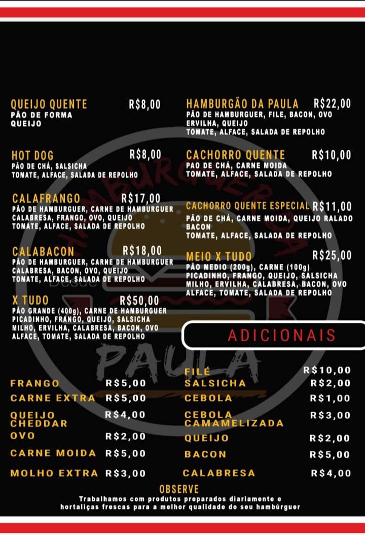 Menu em HAMBÚRGUER DA PAULA restaurante, Castanhal