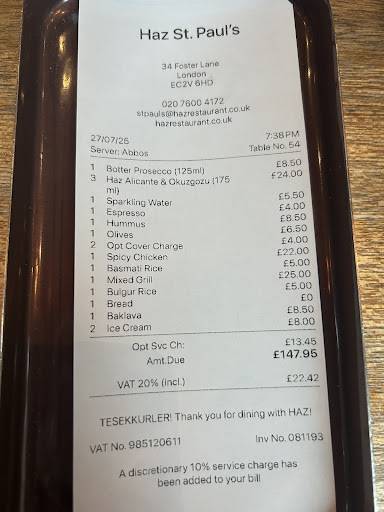 Menu at HAZ St Paul's restaurant, London, 34 Foster Ln
