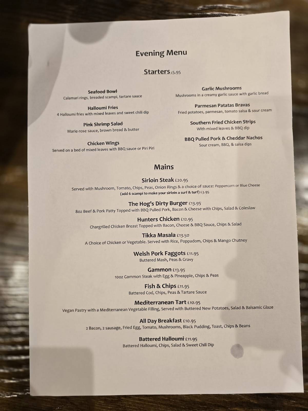 Menu at HOGS INN The Breidden pub & bar, England, The Breidden