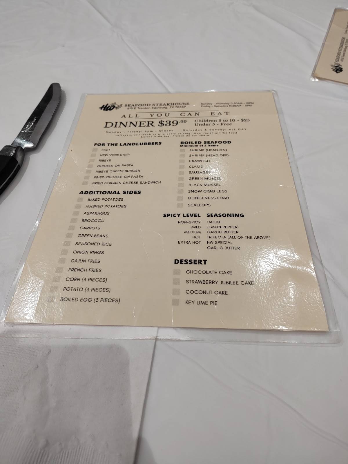 Menu at HW Seafood SteakHouse, Edinburg
