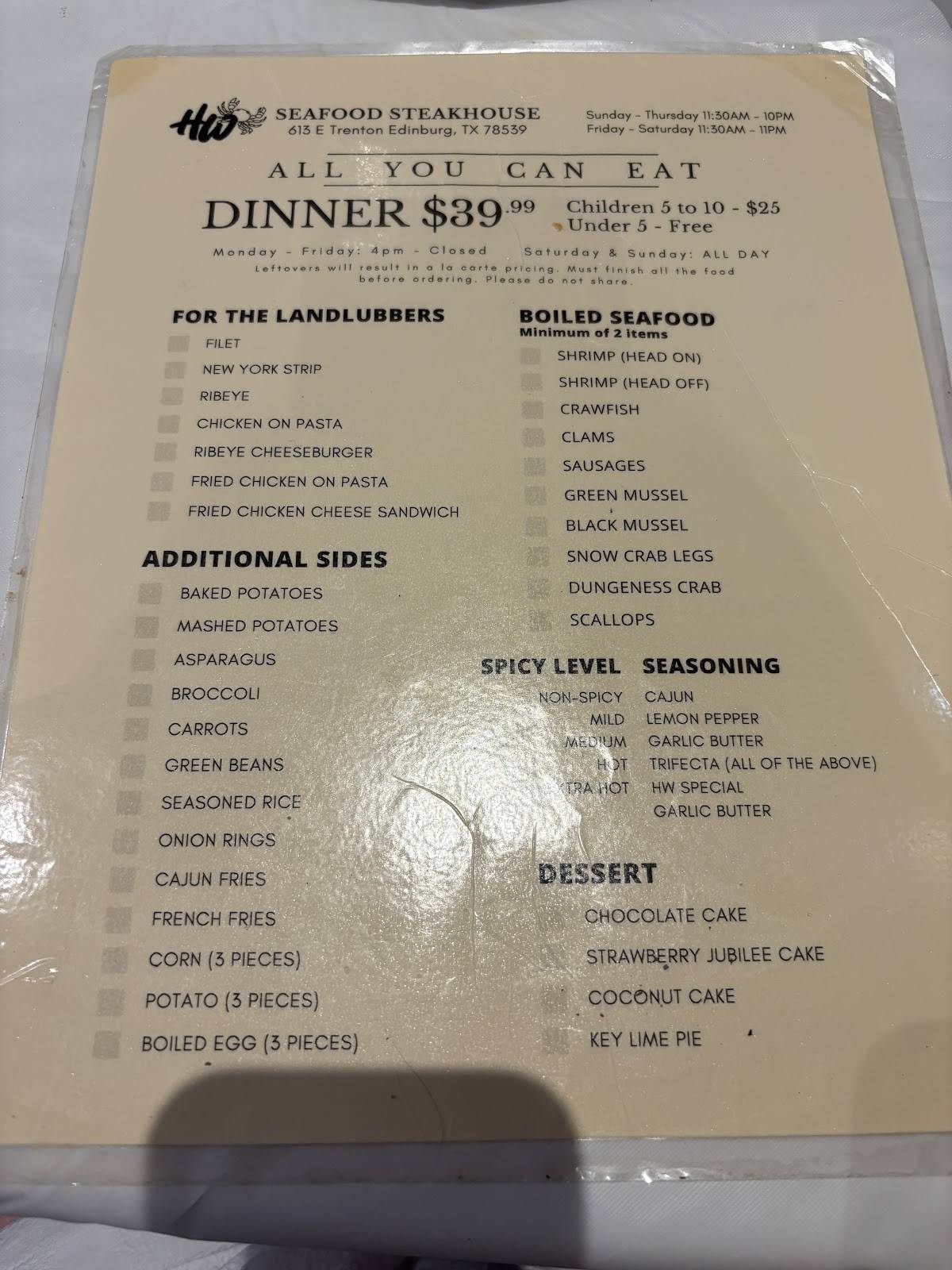 Menu at HW Seafood SteakHouse, Edinburg