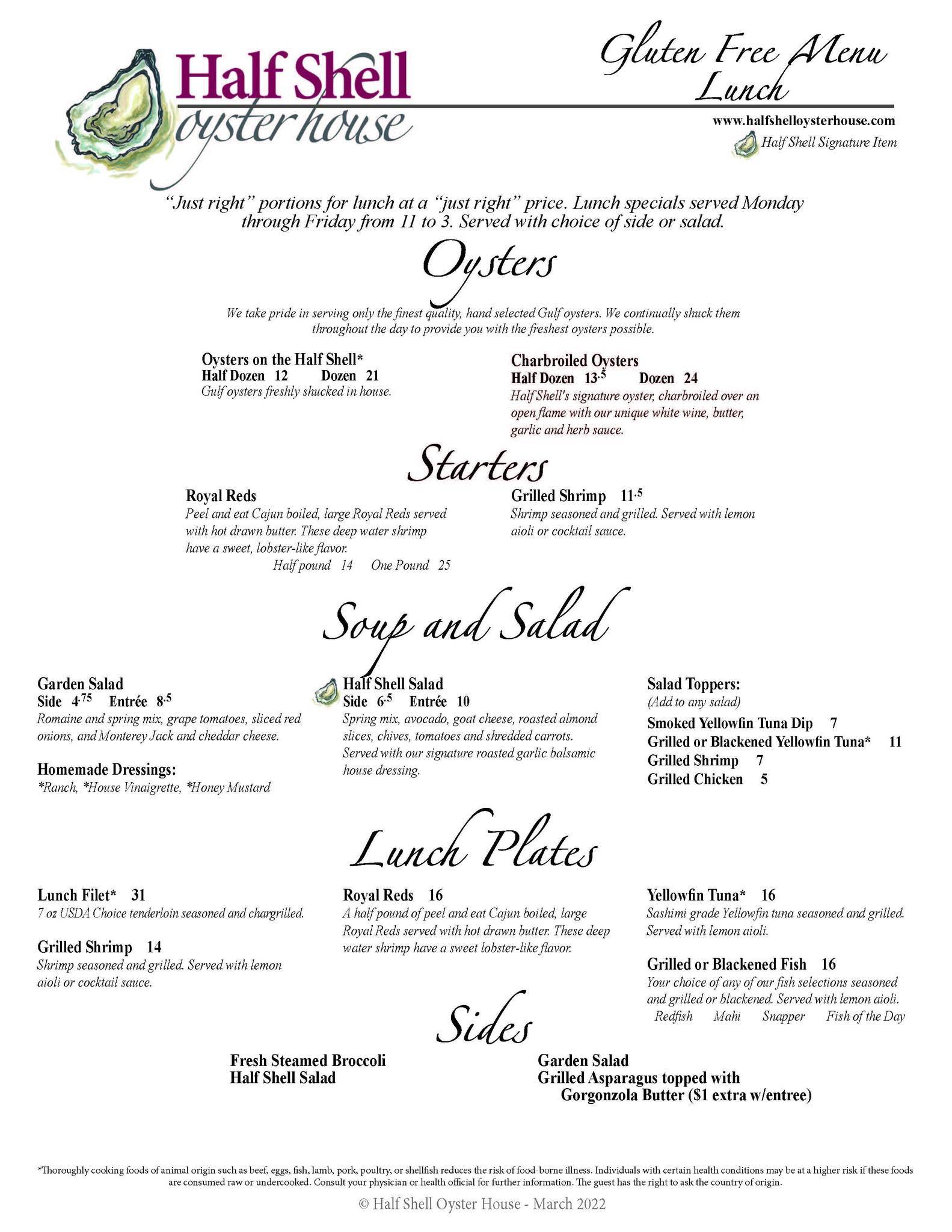 Menu at Half Shell Oyster House restaurant, Hattiesburg, US-98 #1