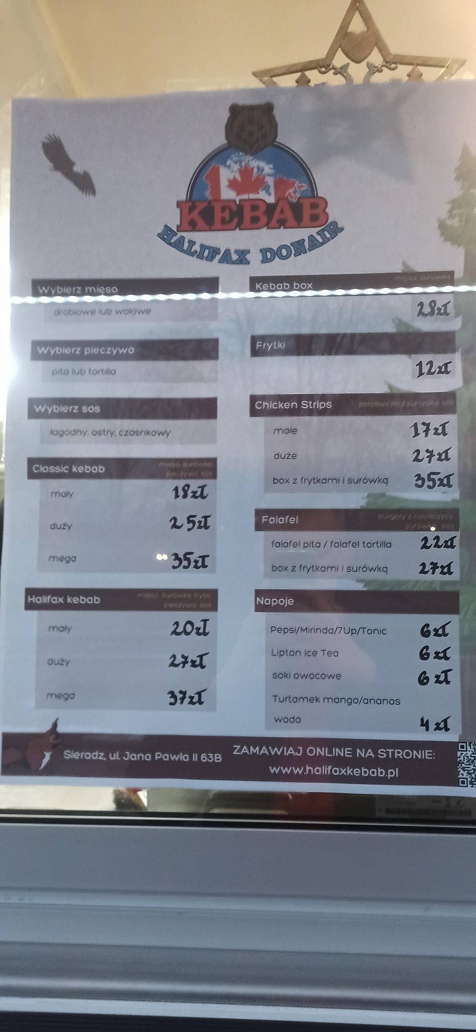 Menu at Halifax Donair Kebab restaurant, Sieradz