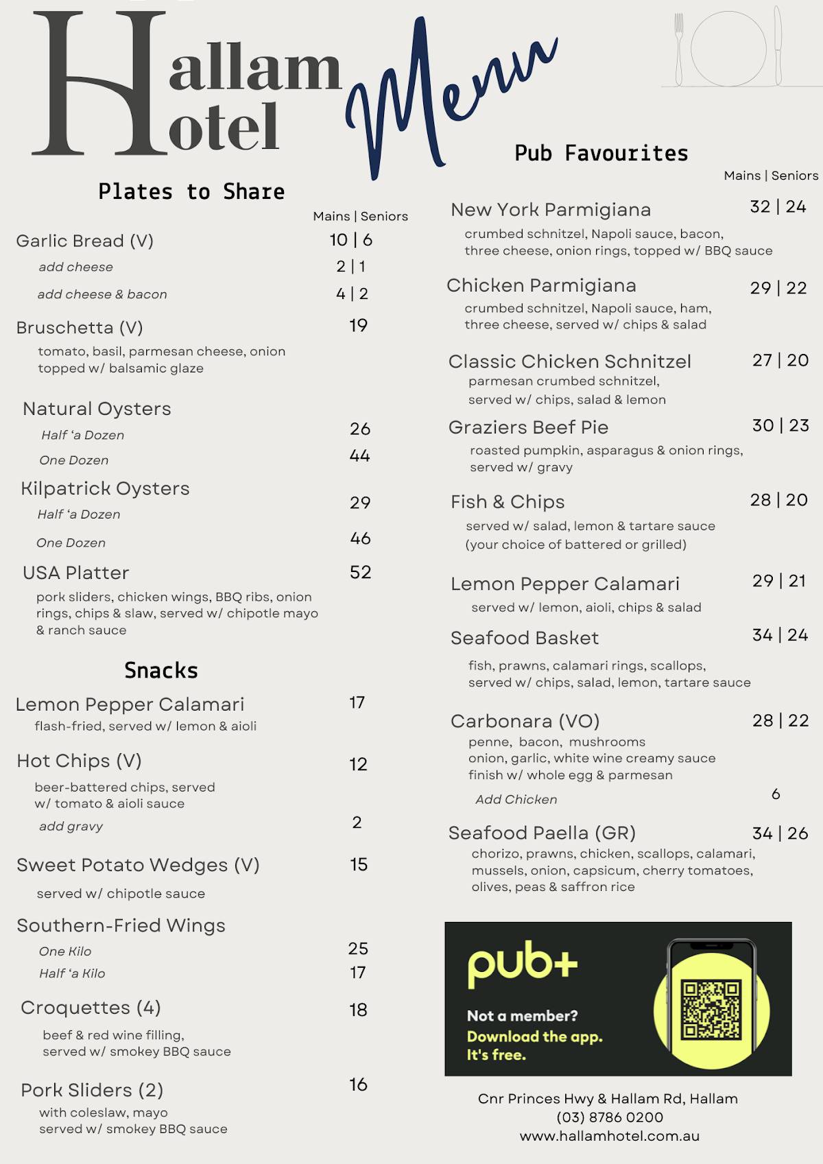 Carta del restaurante Hallam Hotel, Hallam