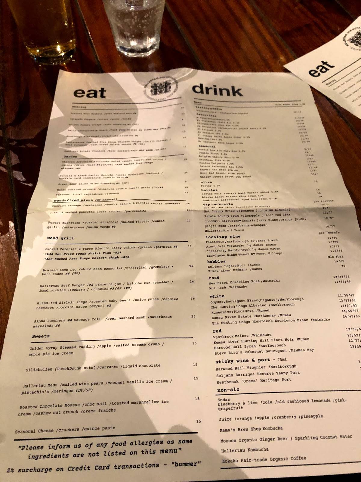 Menu at Hallertau Brewery pub & bar, Auckland