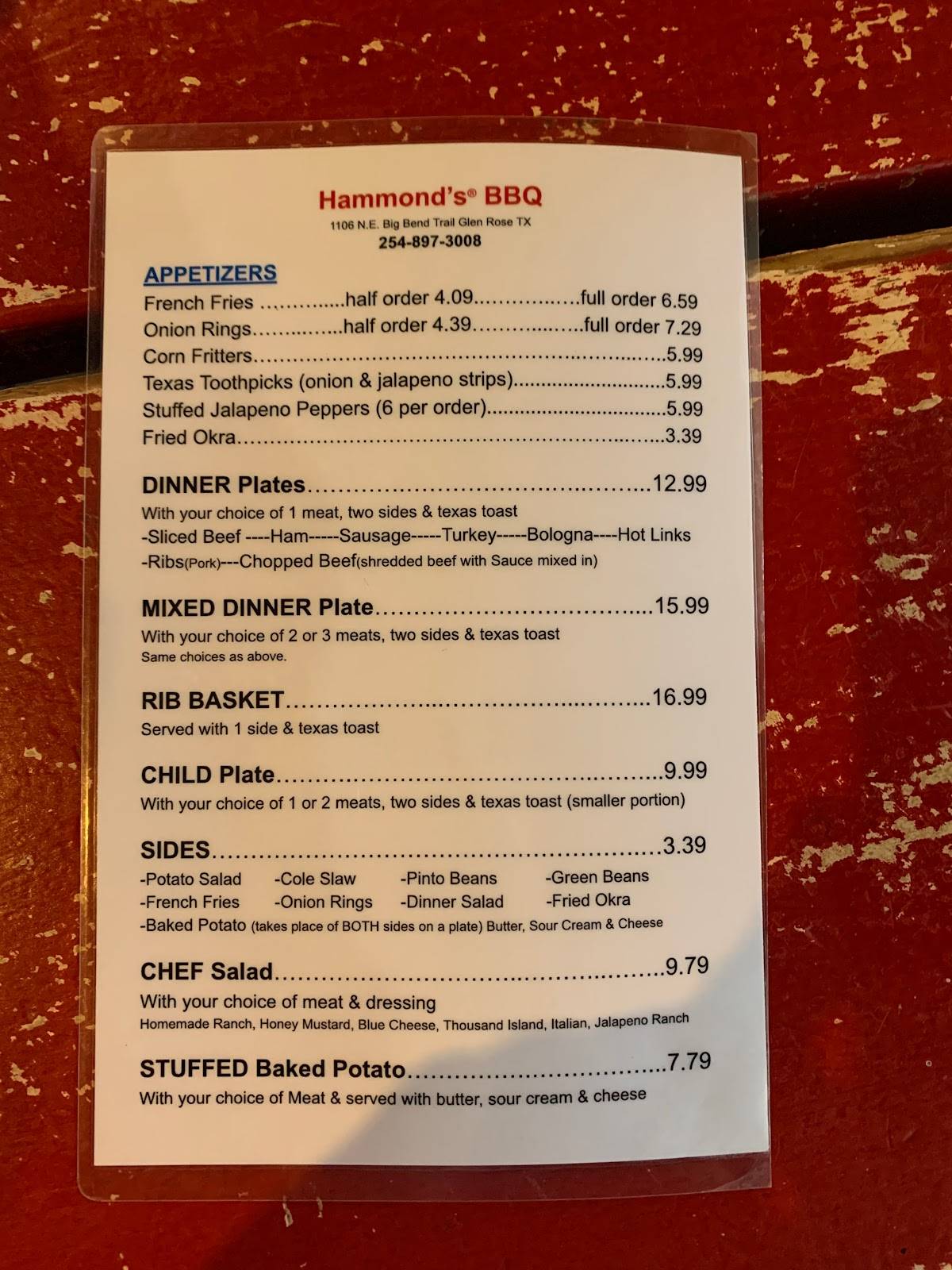 Menu at Hammond's B-B-Q BBQ, Glen Rose