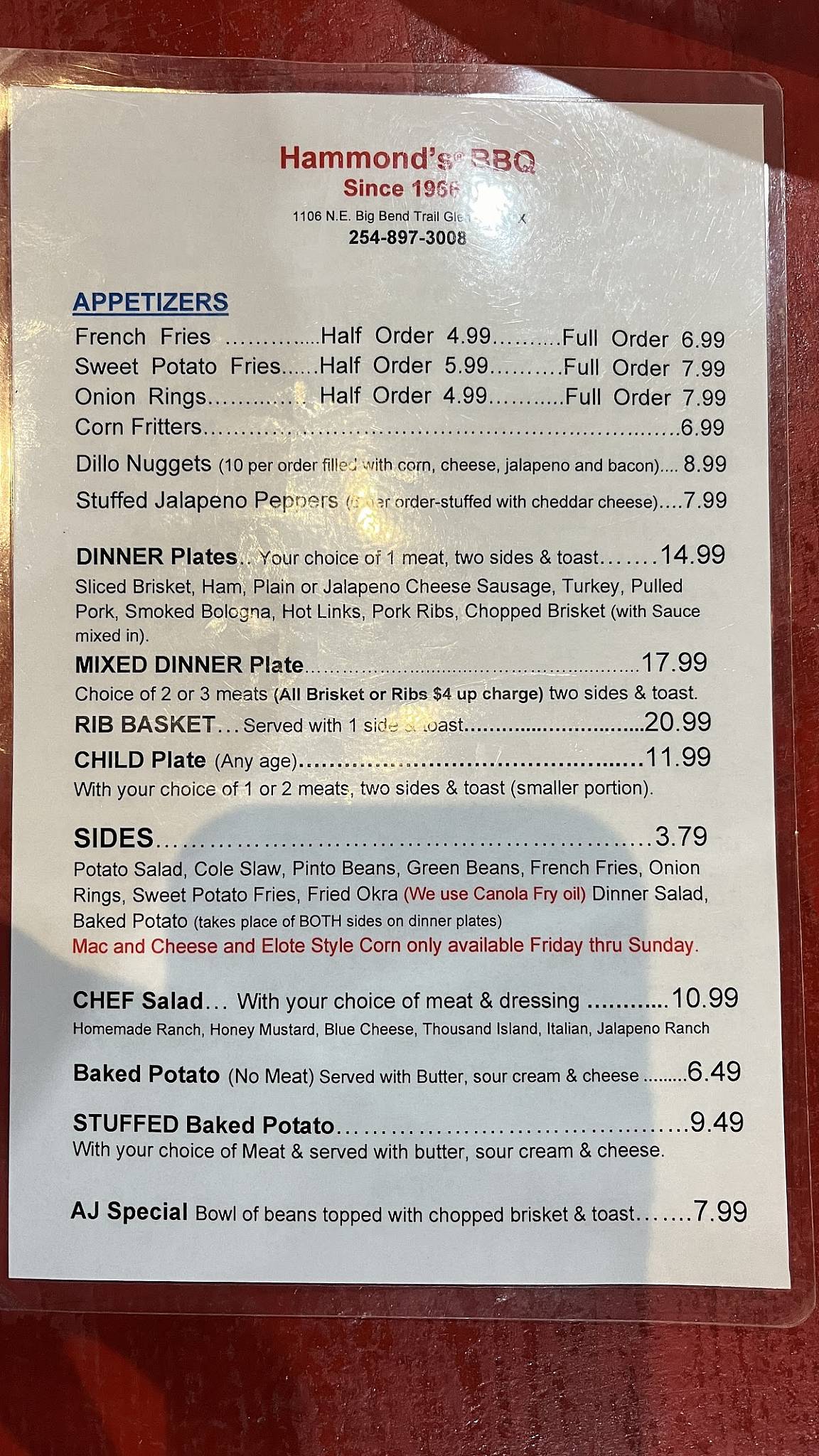 Menu at Hammond's B-B-Q BBQ, Glen Rose
