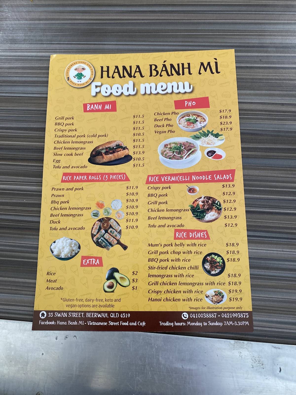 Menu at Hana Banh Mi restaurant, Beerwah