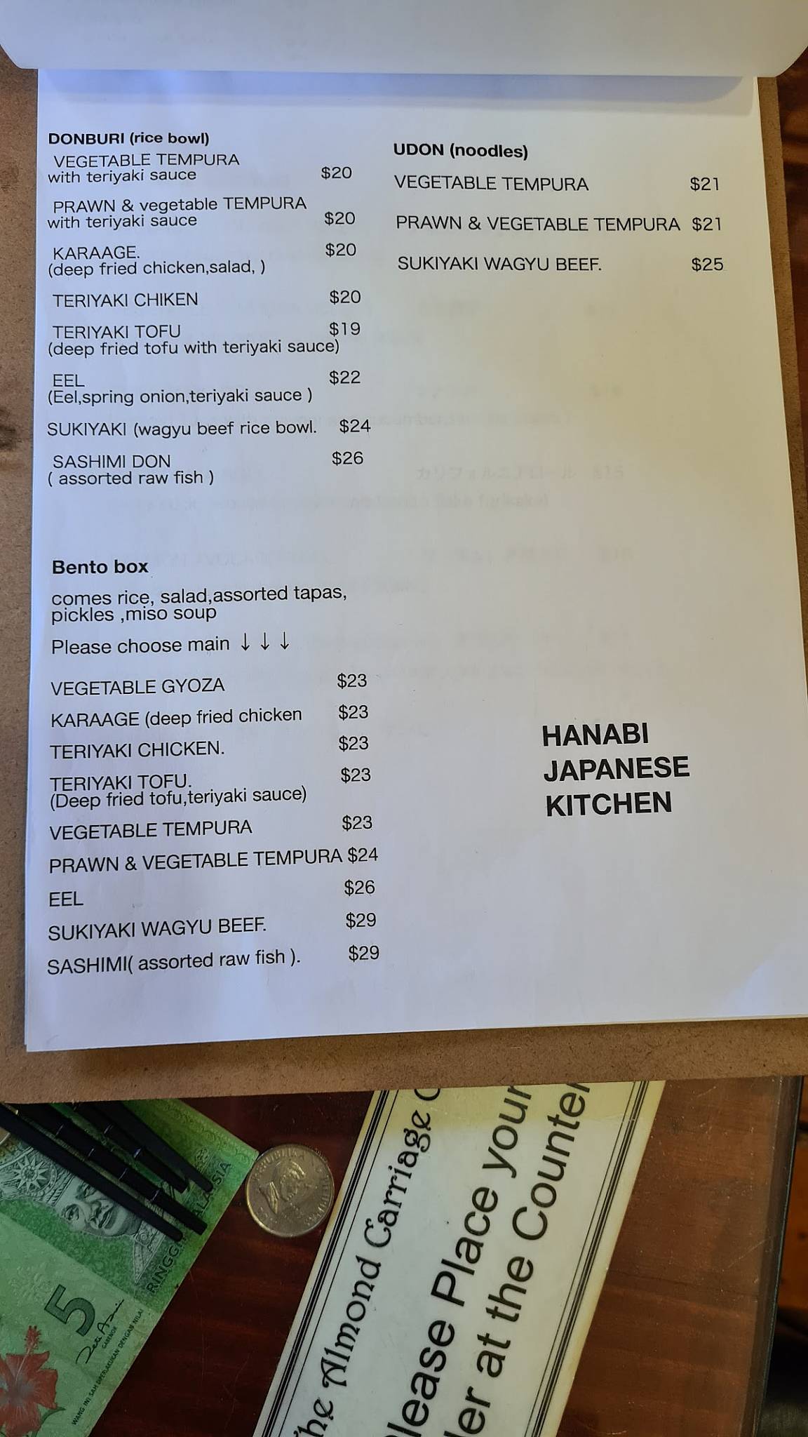 Menu at Hanabi Japanese Kitchen restaurant, McLaren Vale