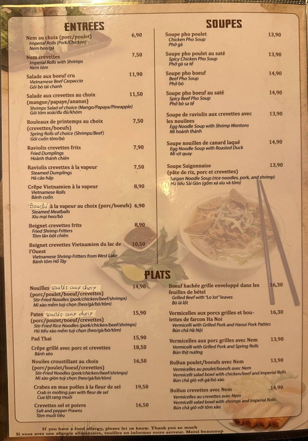 Menu au Hanoi Canteen restaurant, Paris