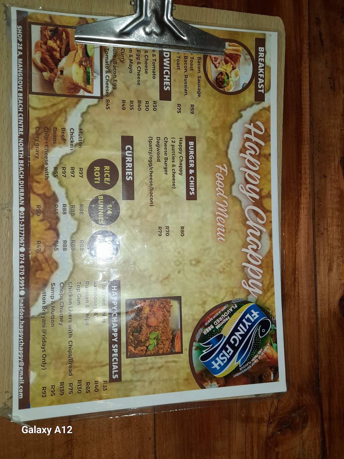 Menu at Happy Chappy pub & bar, Durban, Mangrove Beach Center