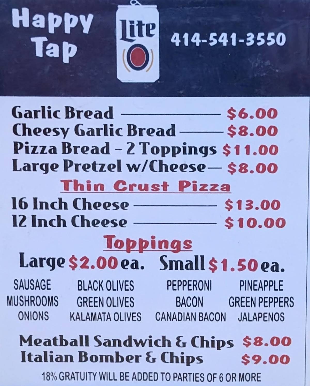 Menu at Happy Tap pub & bar, Milwaukee