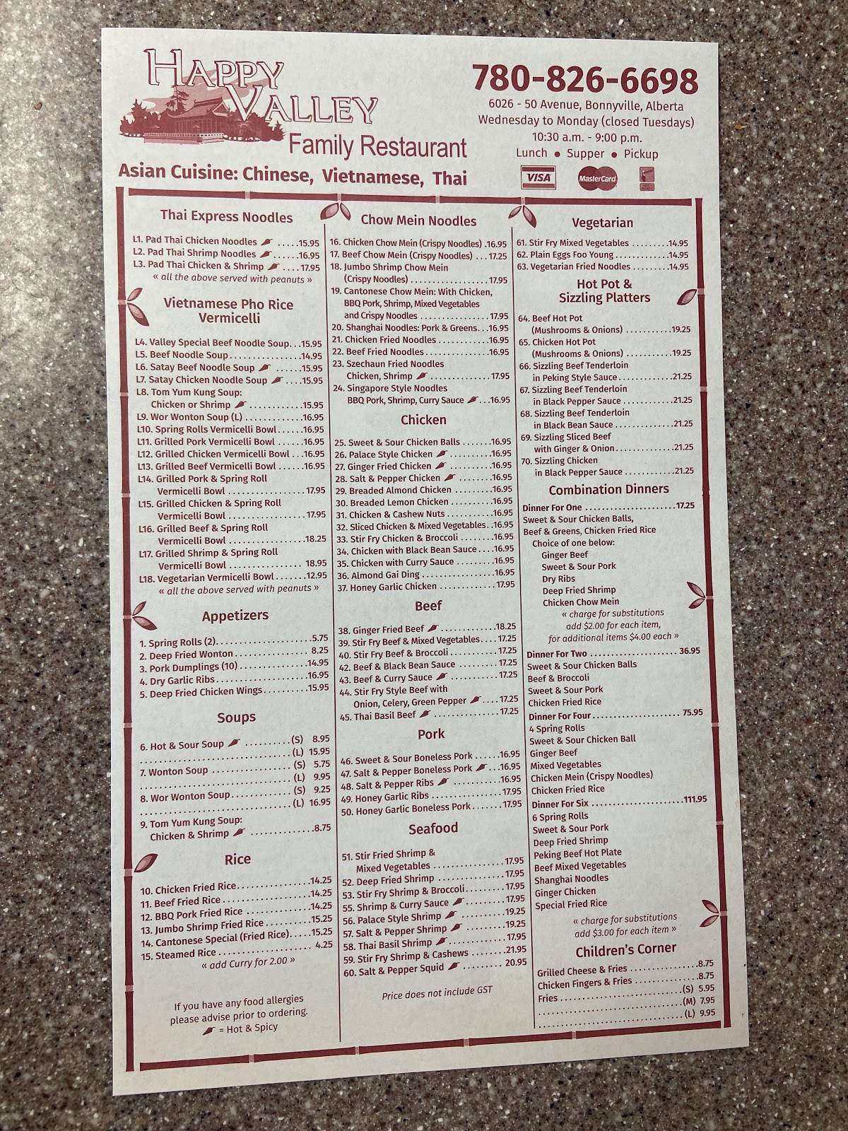 Menu at Happy Valley Restaurant, Bonnyville