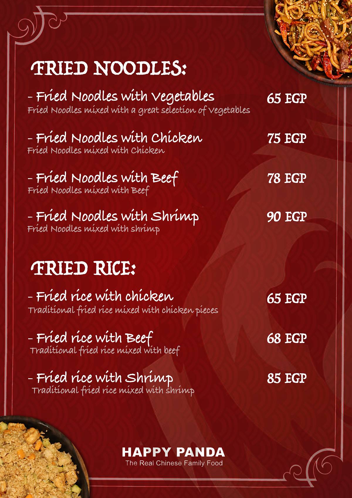Menu at Happy panda restaurant, Cairo