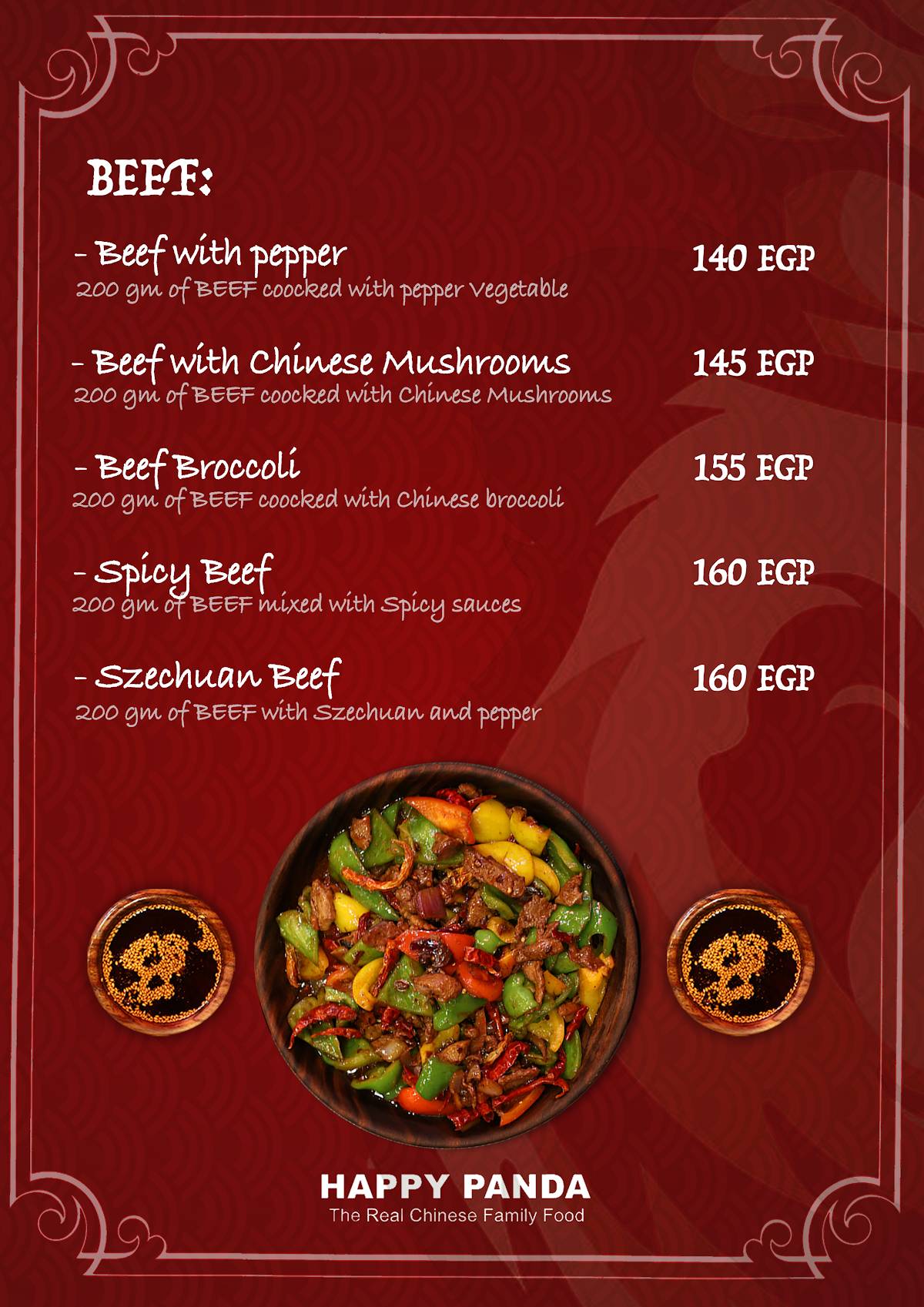 Menu at Happy panda restaurant, Cairo