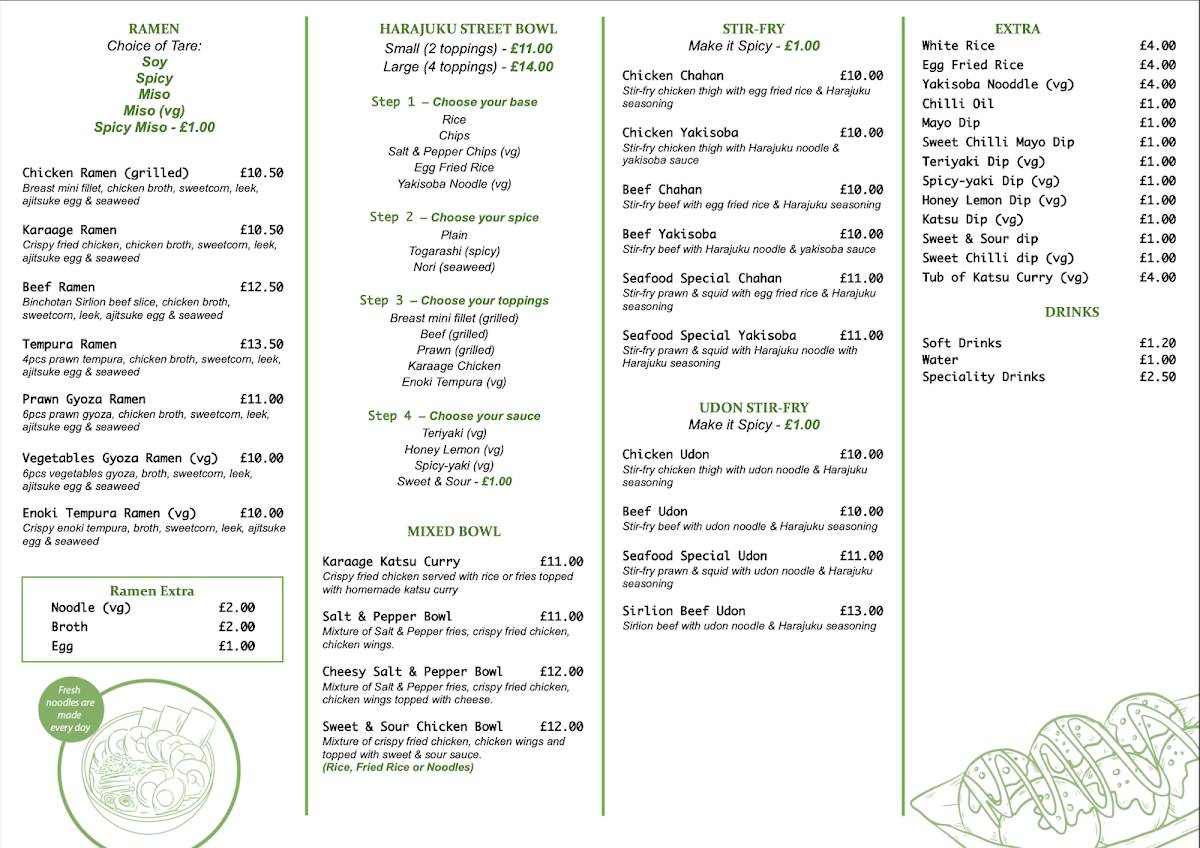 Menu at Harajuku restaurant, Bolton