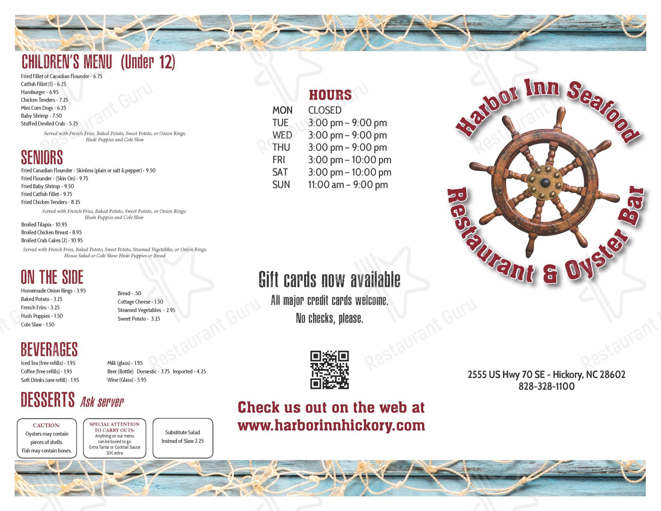 Menu at Harbor Inn Seafood restaurant, Hickory, US Hwy 70 SE